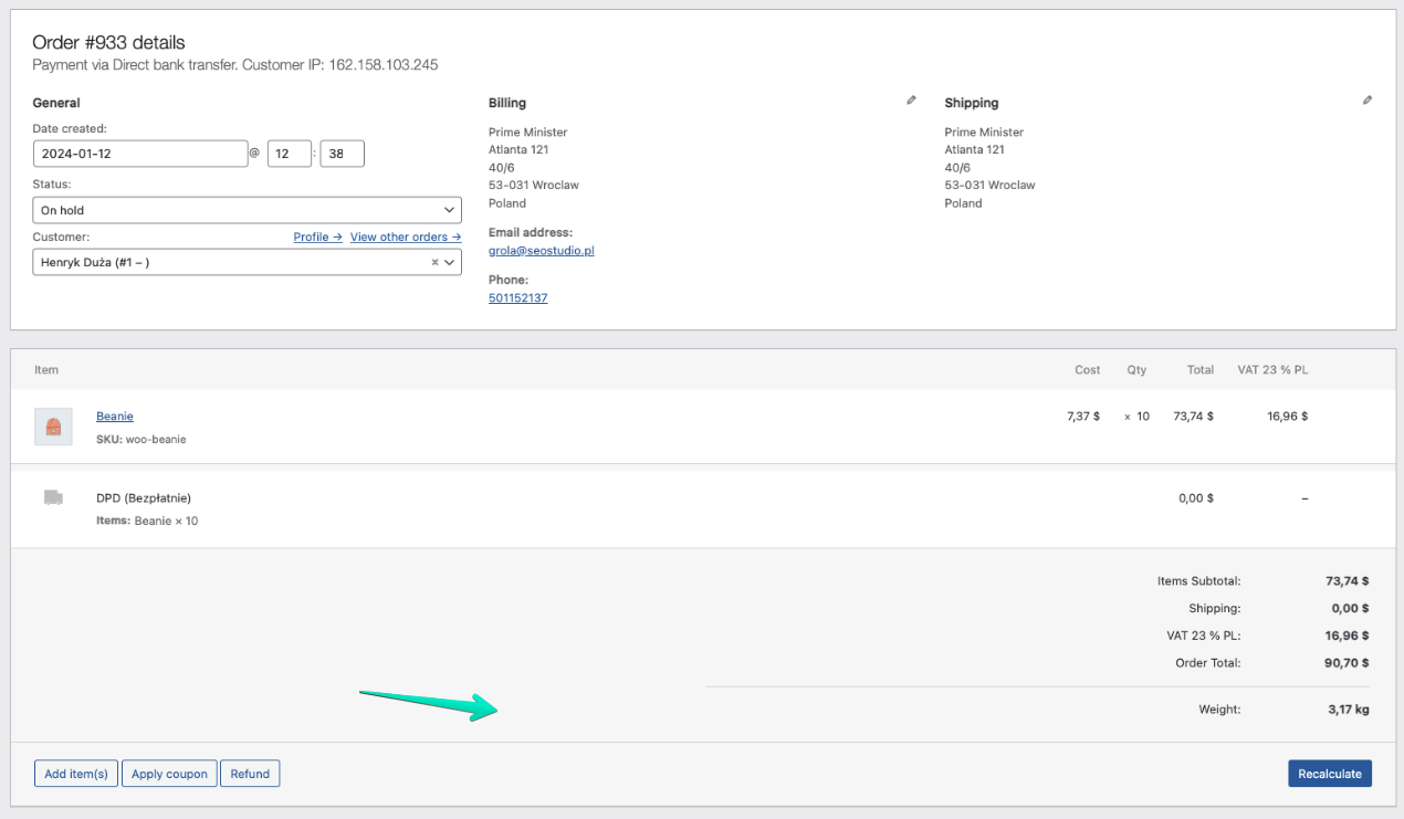 Cart Weight configuration and display weight in order details