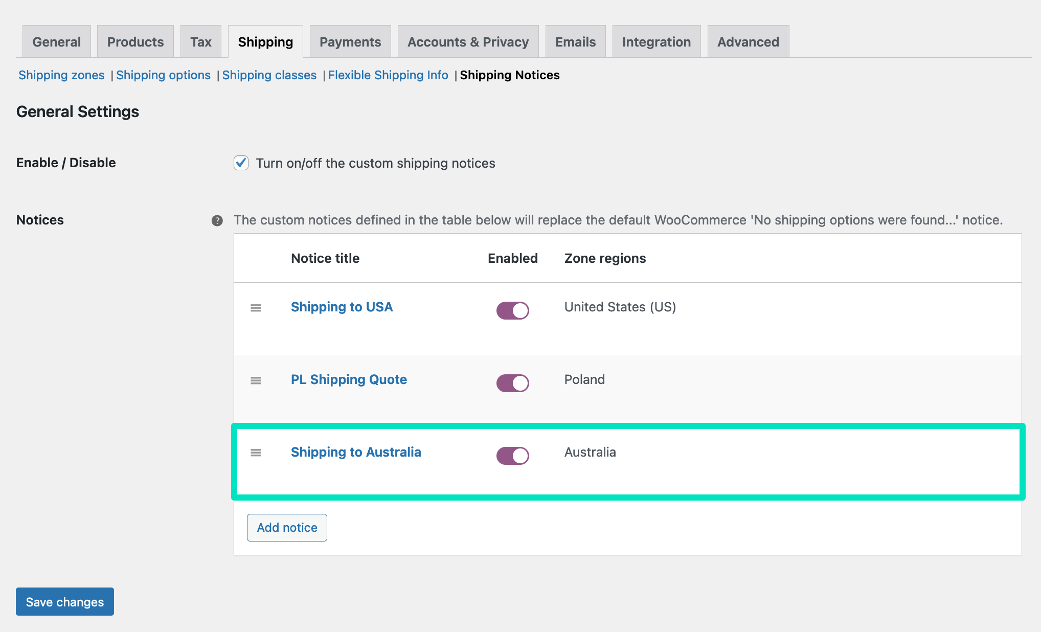 Shipping Notices - Configuration