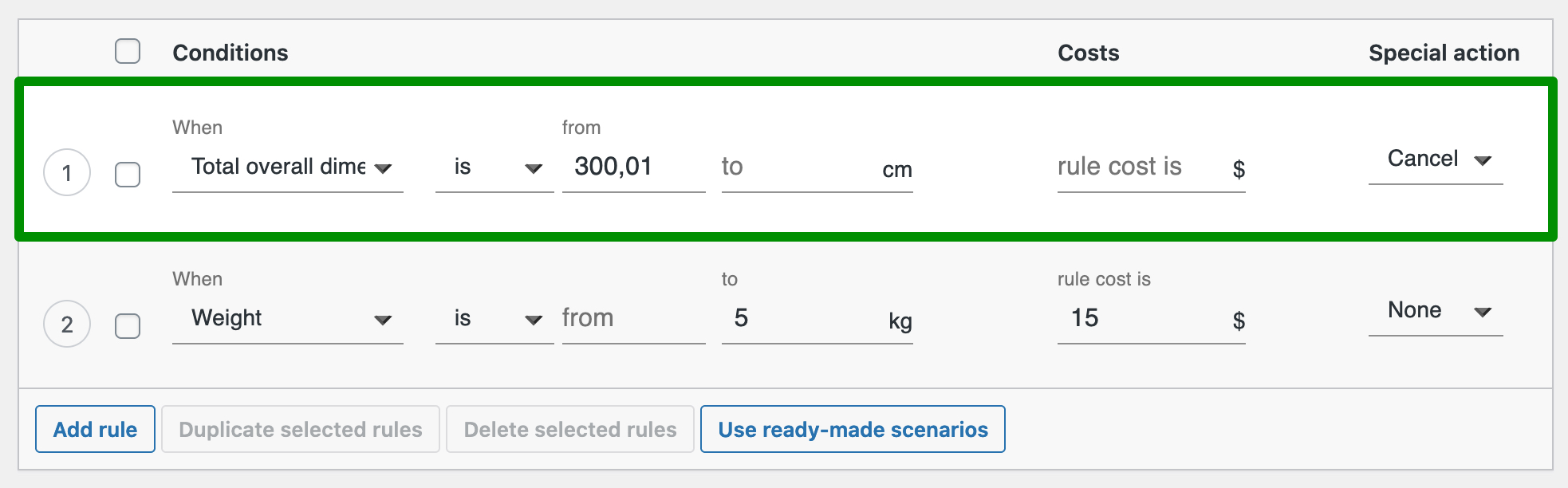 Shipping cost calculation rules in Flexible Shipping